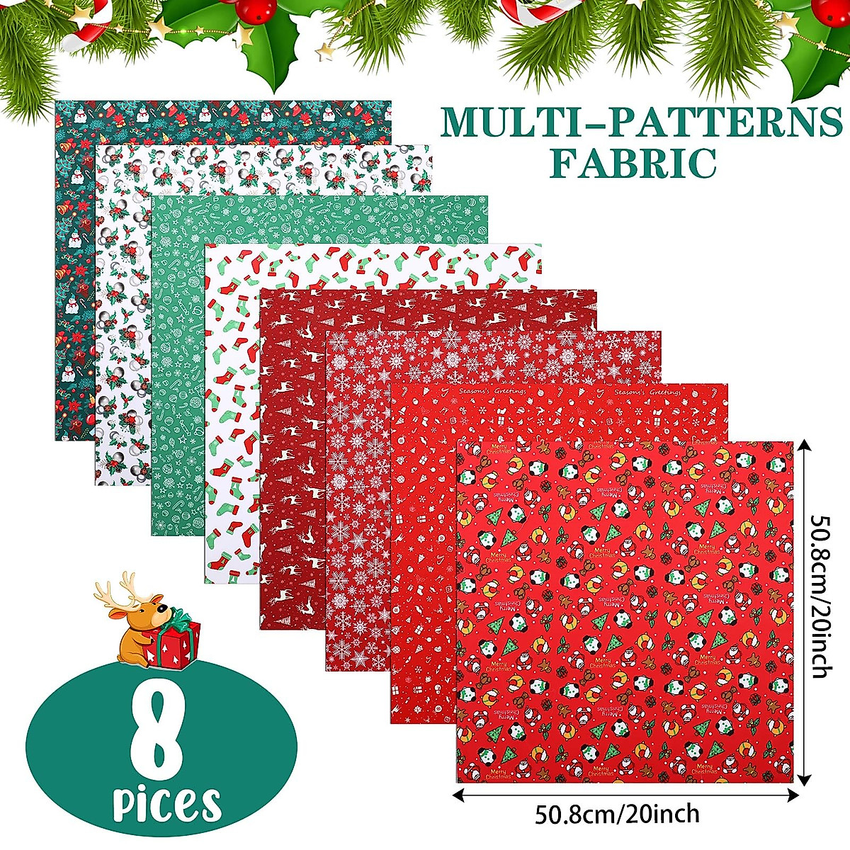 Panelee 8 Pcs 20 x 20 Inches Christmas Fabric Quilting Christmas Fabric Bundles Precut Fabric Squares Christmas Printed Fabric Scraps for DIY Sewing Crafts Project Patchwork Dress Apron
