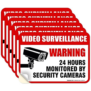 Sigo Signs 24 Hour Video Surveillance Sign, 6 Pack, 4 Mil Sleek Vinyl Decal Stickers Weather Resistant Long Lasting UV Protected and Waterproof Made in USA