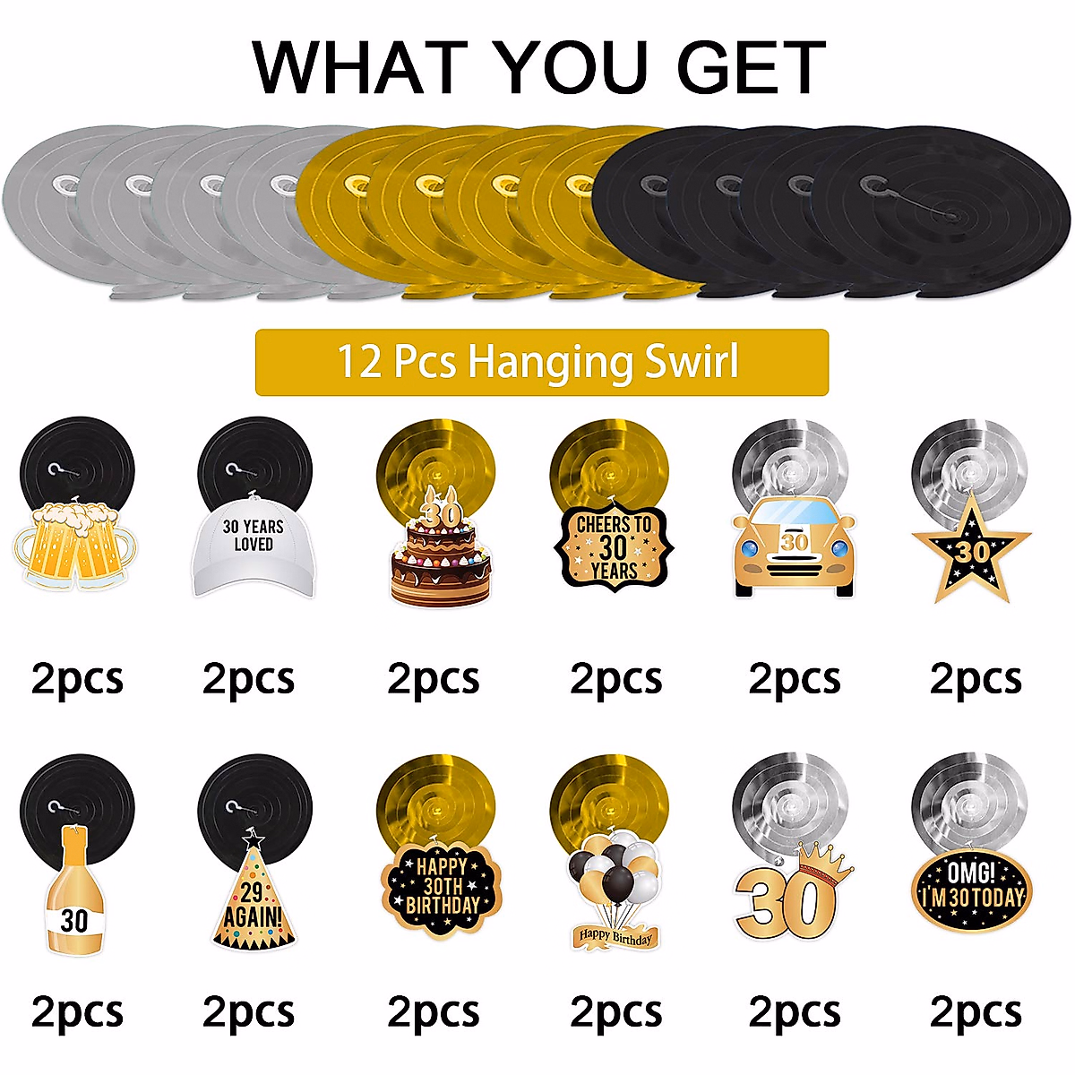 Tifeson 30th Birthday Decorations Hanging Swirls - 36 Pcs Dirty 30 Birthday Party Swirls - Happy 30th Birthday Party Decoration Supplies