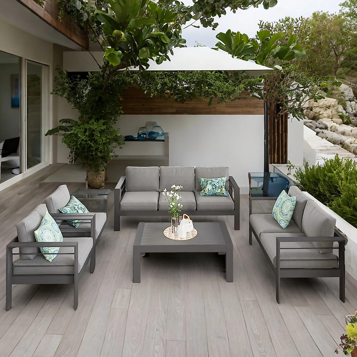 Solaste Aluminum Patio Furniture Set,5 Pieces Modern Outdoor Conversation Set Sectional Sofa with Upgrade Cushion and Coffee Table,Grey
