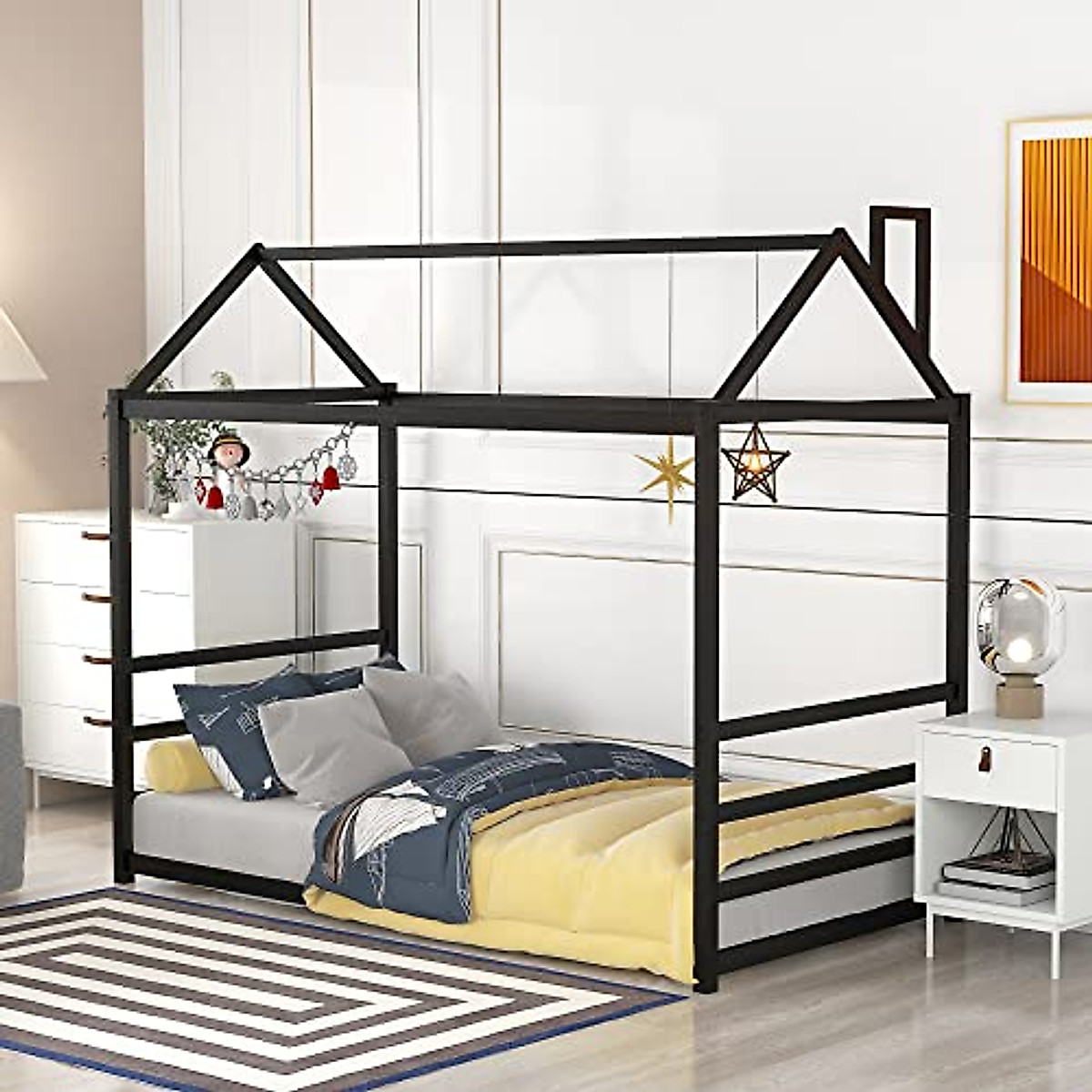 Tidyard House Platform Bed with Roof and Chimney Design,Black Platform Bed Frame, Mattress Foundation Easy Assembly, No Box Spring Needed for Dorm, Bedroom, Guest Room