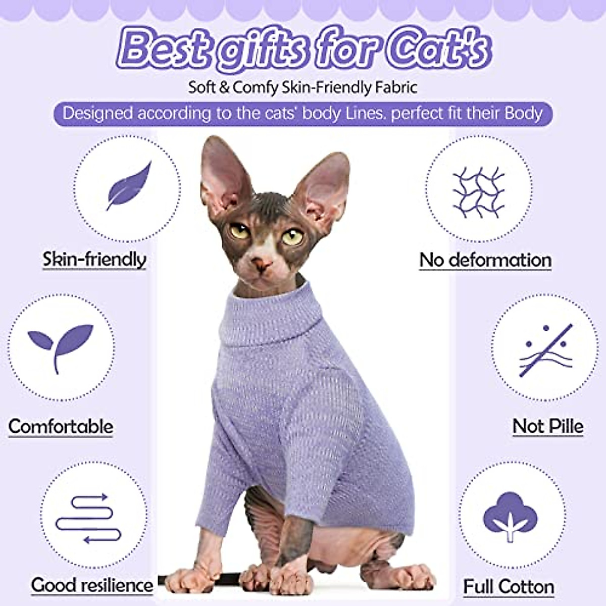 DENTRUN Sphynx Hairless Cats Shirt Pullover Kitten T-Shirts, Breathable Cat Wear Turtleneck Sweater Adorable Cat's Clothes Vest Pajamas Jumpsuit