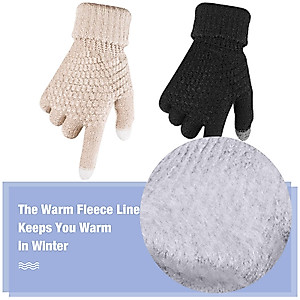 2 Pairs Women's Winter Touchscreen Gloves Warm Fleece Lined Knit Gloves Elastic Cuff Winter Texting Gloves (Black, Beige)
