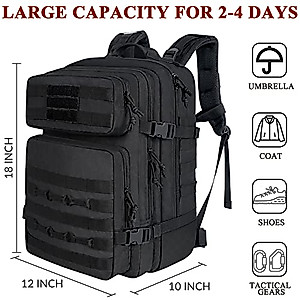 Travel Backpack with Shoe Compartment, Tactical Laptop Backpack for Men with Multi Pockets and Luggage Sleeve, Durable Military Molle Bug Out Bag for Traveling Hiking Camping Sport Outdoor, Black
