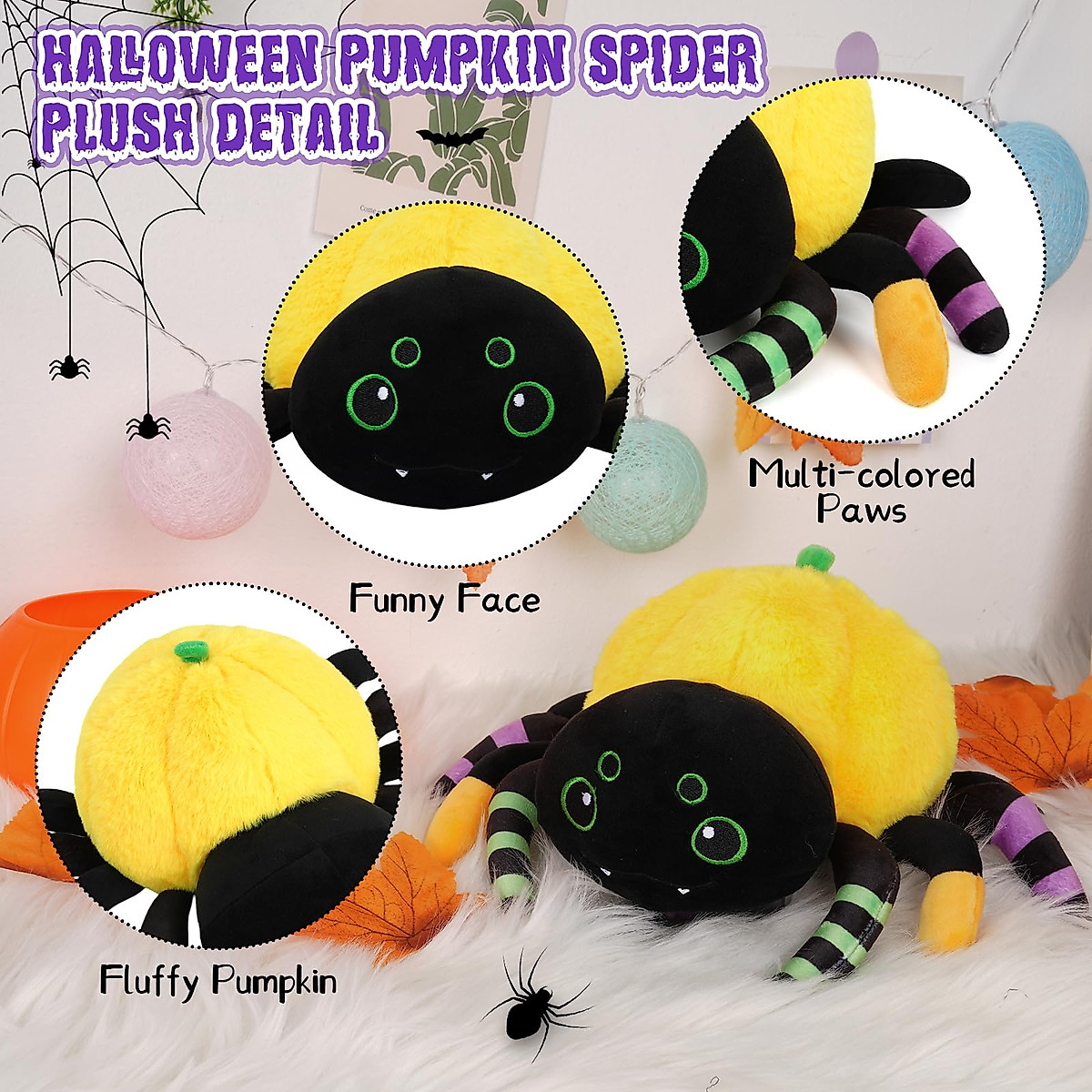 Leokawin Halloween Stuffed Animal Spider Plush Toy,Kawaii Pumpkin Spider Stuffed Animal,Soft Jumping Spider Plush Gift for Kids