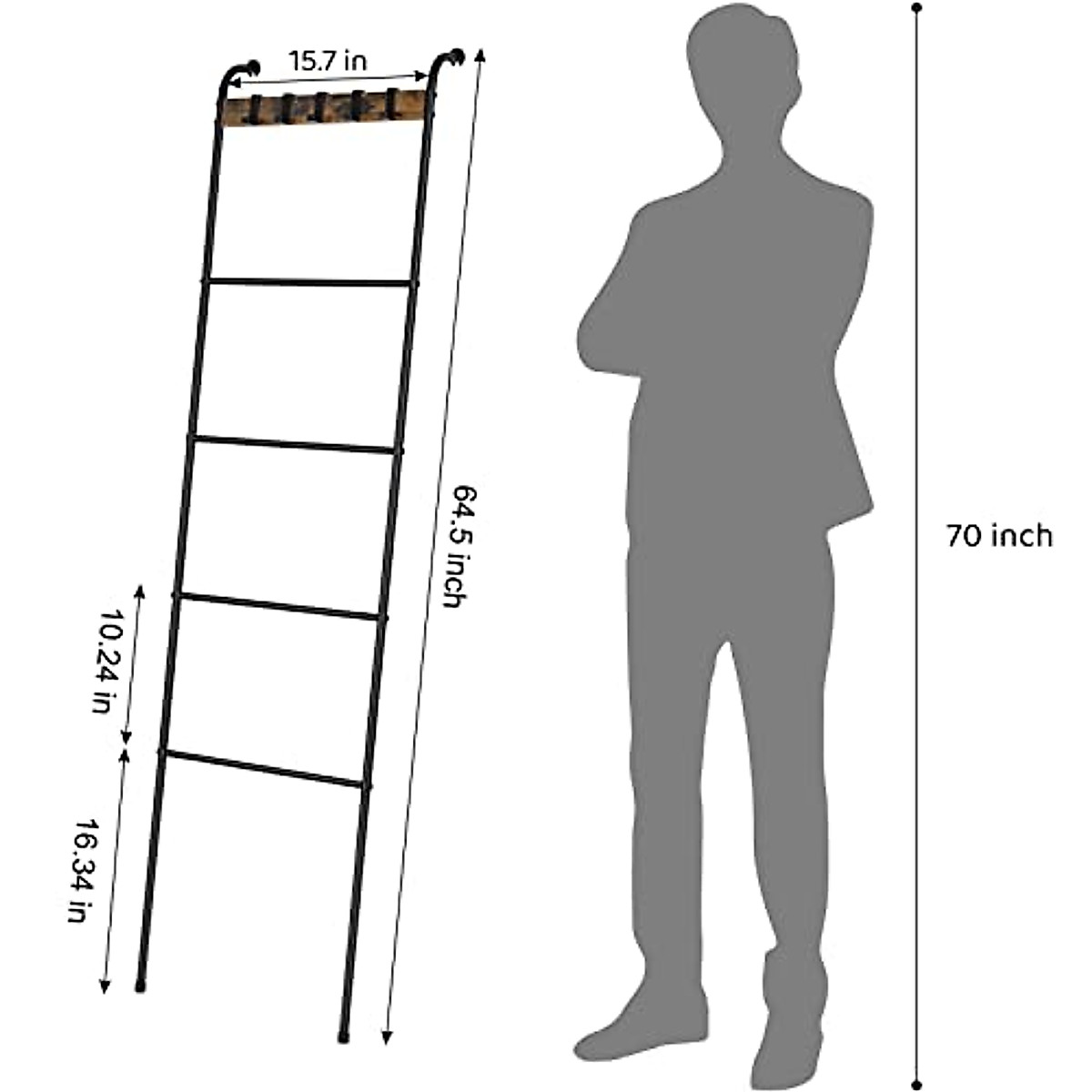 Blanket Ladder Metal Black Blanket Holder with Hooks Leaning Towel Rack Blanket Ladders for The Living Room Bathroom Bedroom (Matte Black)