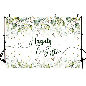 AIBIIN 7x5ft Happily Ever After Backdrop for Wedding Eucalyptus Leaves Gold Dots Photography Background Bridal Shower Wedding Party Decorations Banner Photo Props