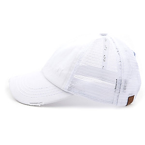 C.C Exclusives Washed Distressed Cotton Denim Criss-Cross Ponytail Hat Baseball Cap Bundle Hair Tie (BT-780)(BT-791) (A Elastic Band-White)