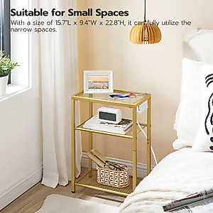HOOBRO End Table with Charging Station, 3-Tier Side Table, Nightstand with USB Ports & Outlet, Sofa Table with Storage Shelves, Tempered Glass, Modern Style, for Living Room, Bedroom, Gold GD57UBZ01
