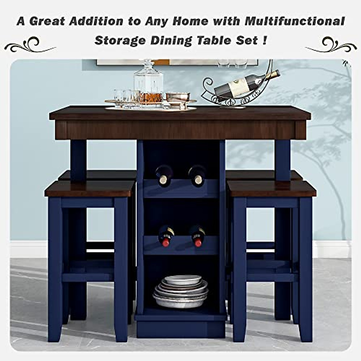 Merax 5 Pieces Dining Table Set, Farmhouse Wood Counter Height Dining Set, Kitchen Table with 3-Tier Adjustable Storage Shelves, Wine Racks and 4 Stools (Brown and Blue)