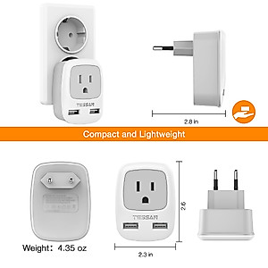 European Travel Plug Adapter 3 Pack, TESSAN International Power Adaptor 2 USB, Type C Outlet Adapter Charger USA to Most of Europe EU Spain Iceland Italy Germany France Israel