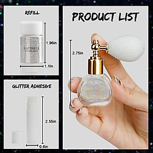 LATIBELL Body Glitter Spray, Glitter Spray for Hair and Body Face Clothes Nails, Body Shimmer Spray Make up for Festival Rave Accessories- with 0.35 oz Replacement & 0.176 oz Priming Cream (Silver)