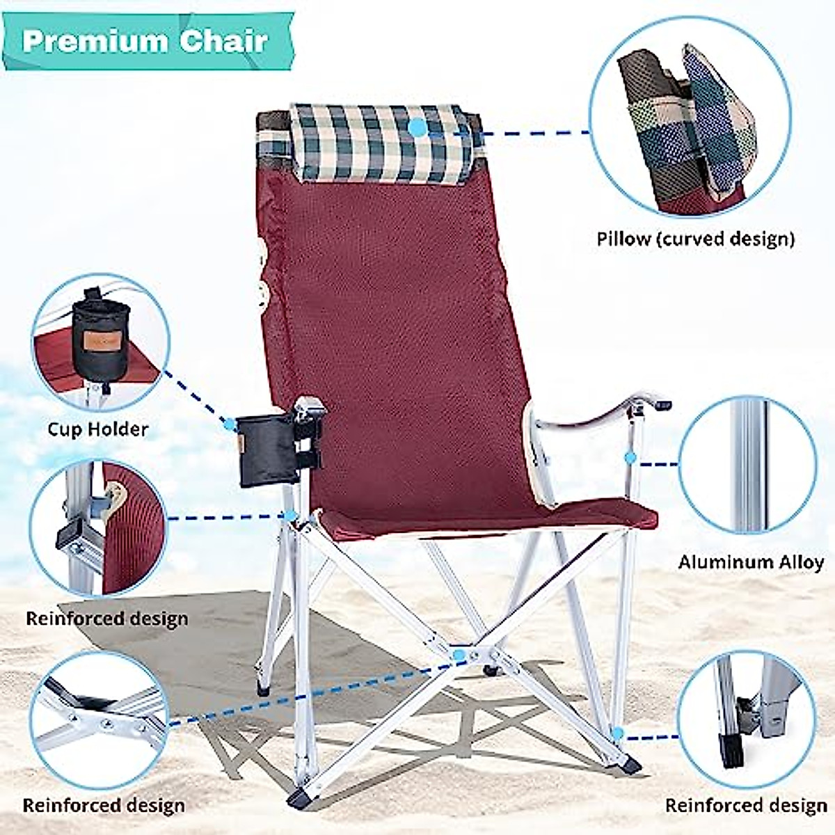 Poshlr Beach Chairs for Adults, Beach Chair Aluminum Heavy Duty, Folding Lawn and Camping Chairs Set with Carry Bag