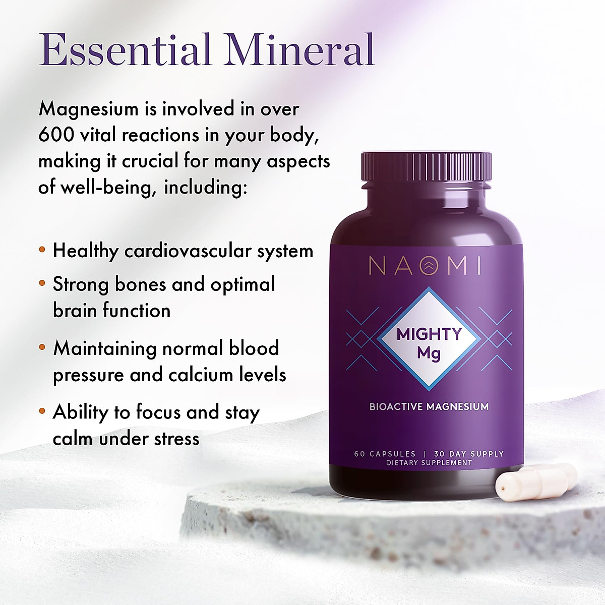 NAOMI Mighty Mg Magnesium Glycinate & Malate Complex 360mg, High Absorption Formula, Elemental Magnesium Supports Heart Health, Strong Bones, Better Sleep, Gluten-Free, Non-GMO, Vegan, 60 Veggie Caps