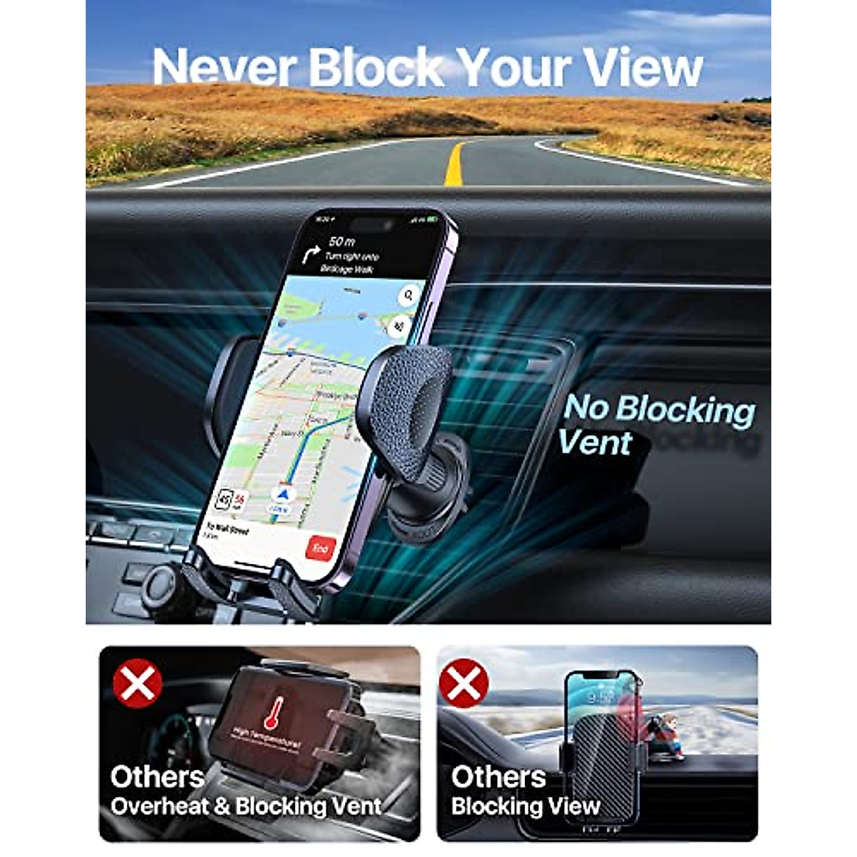 YRU Phone Mount for Car Vent [Upgraded Steel Clip], Sturdy Adjustable Shockproof Car Phone Holder, Handsfree Cell Phone Stand Cradle for iPhone 14 13 Pro Max, Samsung Universal Cellphone, Pickup Truck