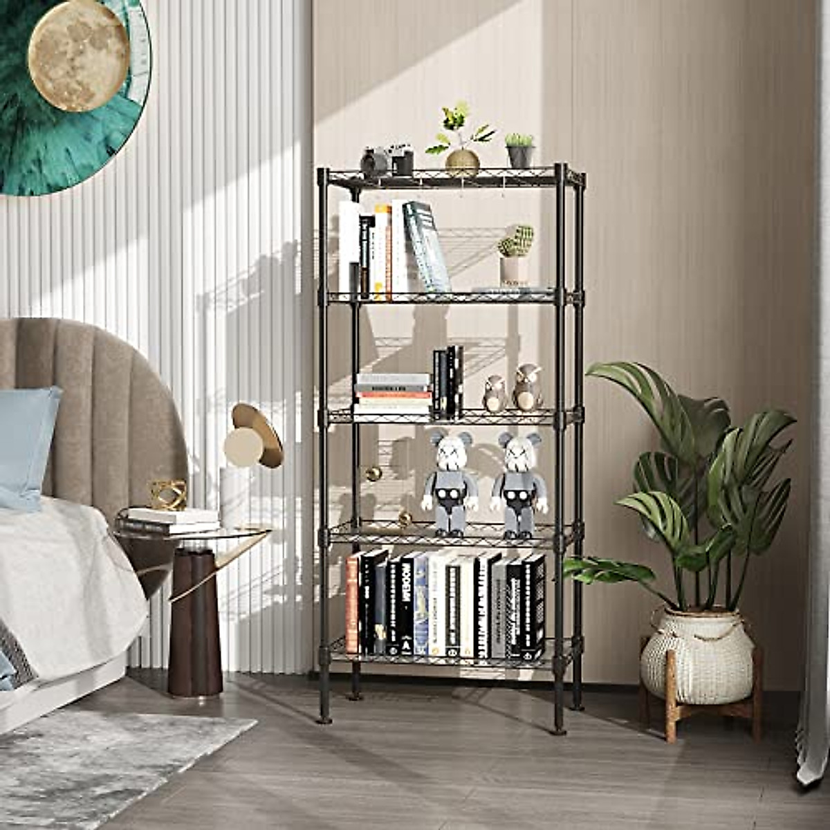 C&AHOME 5-Tier Metal Shelving Unit with Liner, Storage Rack with Adjustable Shelves, Heavy Duty Shelf with 4 Hooks and Leveling Feet Ideal for Kitchen, Bathroom, 23.6"L × 12.8"W × 60.5"H Black UWSU05B