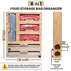 Silk N Sage Bamboo Storage Bag Organizer - 6 in 1 Foil and Plastic Wrap Organizer with Cutter suitable for Gallon, Quart, Sandwich Bag and Wrapping Papers.