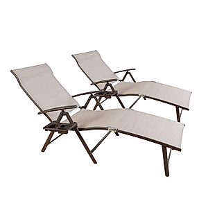 Kozyard Cozy Aluminum Beach Yard Pool Folding Reclining Adjustable Chaise Lounge Chair with Drink Holder Assembled. Weather Free(1 Pack, Beige)