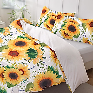 Dropshipful Sunflower Floral Duvet Cover Full Size, Soft White Sunflower Bed Set Gifts for Women, Nature Botanical Garden Sunflower Bedding 3 Pieces, 1 Duvet Cover and 2 Pillow Shams