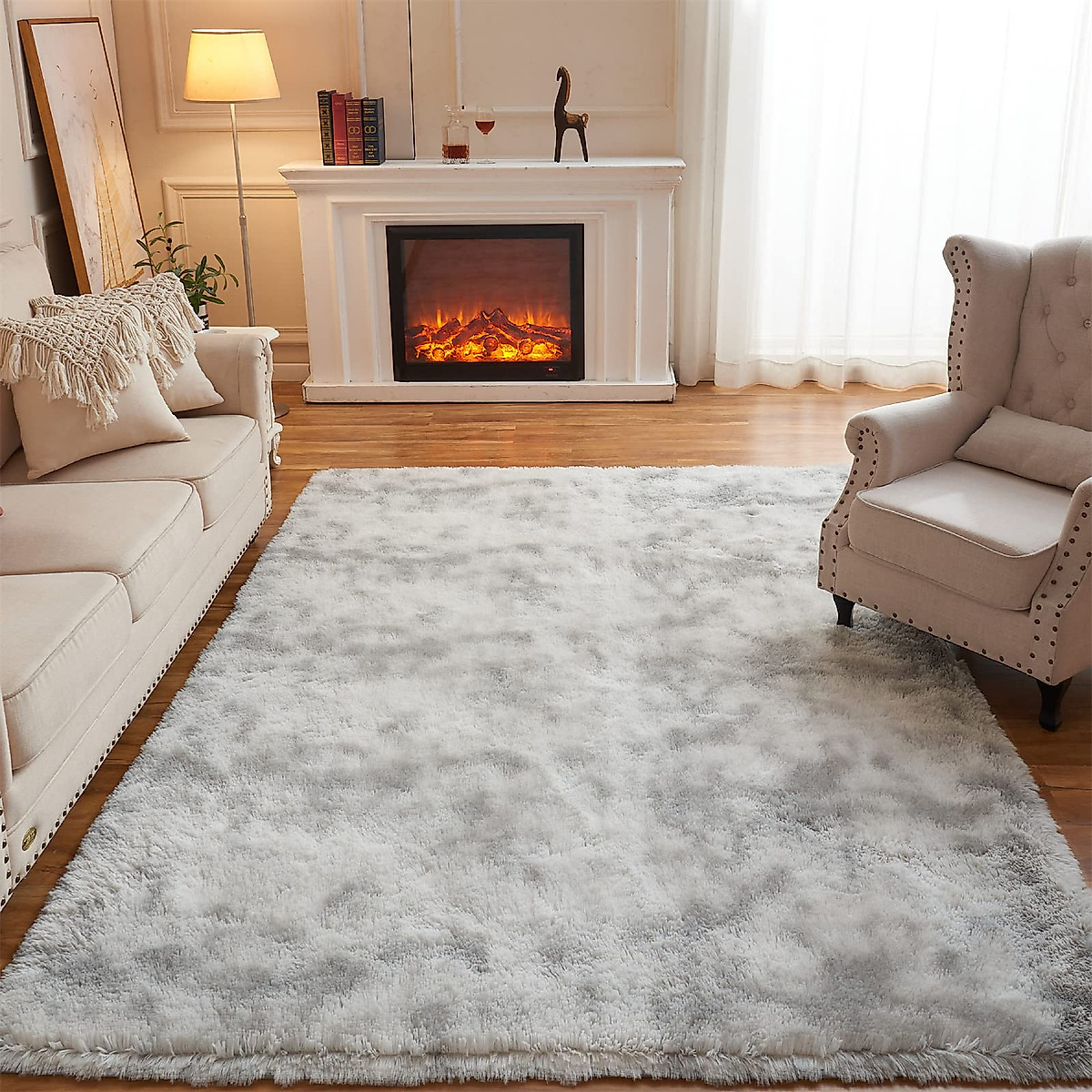 Arbosofe Area Rugs for Living Room Bedroom, 5X8 ft Tie dyed Light Grey Fluffy Fuzzy Shag Small Carpet Soft Plush Furry Clearance Rug, Cute Rugs for Nursery, Playroom, Kids and Girls Room