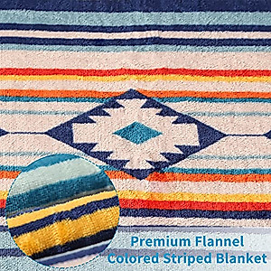 Qucover Flannel Blanket Boho Blue Stripe Reversible Sherpa Throw Blanket Large, Luxury Bohemian Plush Flannel Throws for Sofa Couch Bed, 60x80 Inch