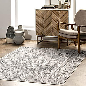 nuLOOM Mia Machine Washable Geometric Medallion Area Rug, 5' x 8', Light Grey