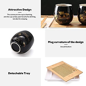 Dujust Japanese Tea Set, Black Porcelain Tea Set with 1 Teapot Set, 6 Tea Cups, 1 Tea Tray, 1 Stainless Infuser, Beautiful Asian Tea Set for Adults, Tea Lover/Women/Men (Countryside in Golden)