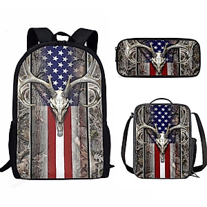 SEANATIVE American Flag Wood Deer Skull Oak Camo Print Large School Backpack Girls Boys Travel Backpack with Lunch Bag and Pencil Case