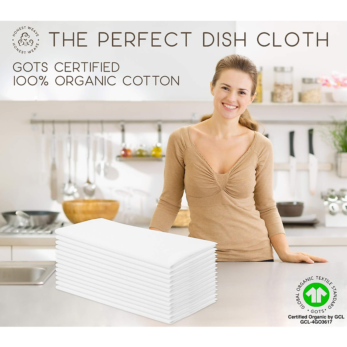 HONEST WEAVE GOTS Certified 100% Organic Flour Sack Cotton Kitchen Hand and Dish Towel Sets - Extra Large 27x27 inches, Fully Hemmed, 12-Pack, Natural Tan