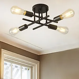 Giutna Modern Semi Flush Mount Ceiling Light Fixture,4-Light Farmhouse Light Fixtures Ceiling Mount,Industrial Chandelier Ceiling Lamp for Living Room Bedroom Kitchen Hallway,Bulb Not Included(Black)