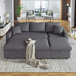 LUMISOL Sectional Sleeper Sofa with Pull Out Bed, L-Shaped Corner Sofa with Storage Chaise, Reversible Sofa Couch, 2 Toss Pillows for Living Room, Apartment