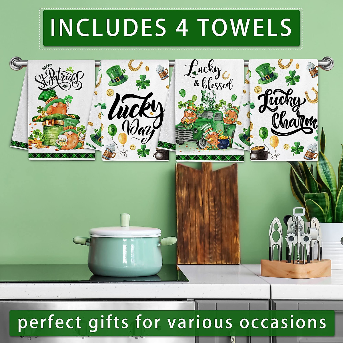 Hexagram St Patricks Day Kitchen Towels Set of 4, Happy St Patricks Day Dish Towels, Gnomes Green Hat St Patricks Day Decor, Hand Towels Housewarming Gifts for New Home