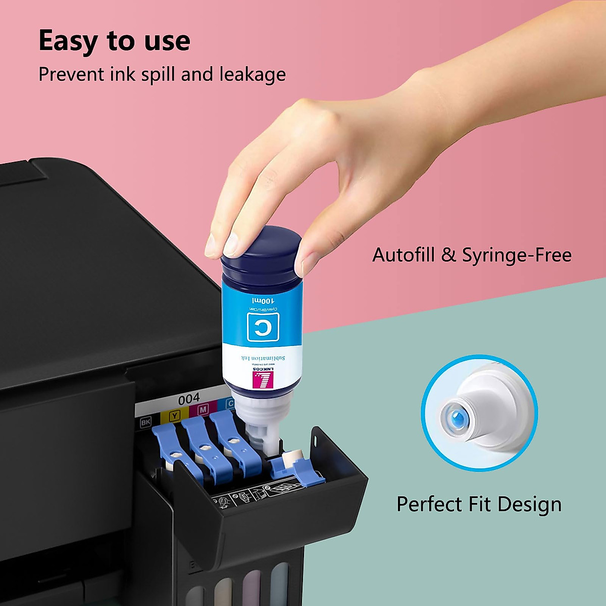 LNKCOS 400ML Sublimation Ink for Epson for EcoTank ET-2400 ET-2720 ET-2800 ET-2803 ET-2760 ET-2820 ET-2840 ET-2850 ET-3760 ET-4700 ET-4760 ET-15000 F170 (Autofill/ICC Free)