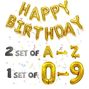 74PCS Gold Birthday Balloon, Number Balloon and Letter Balloon, 32inch 0-9, 2 Set 16inch A-Z & HAPPY BIRTHDAY, DIY Golden Foil Balloons for Wedding Party Decoration Anniversary Celebration Graduation