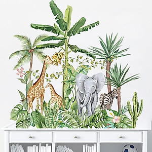 Runtoo Tropical Jungle Animal Wall Decals Giraffe Elephant Plants Wall Stickers Kids Room Bedroom Wall Decor