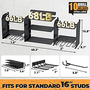 WIWIDRM Upgrade Large Power Tool Organizer Wall Mount with Charging Station Tool Storage Rack with 6.5FT Power Strip 10 Drill Holder and Storage Rack for Garage Organization