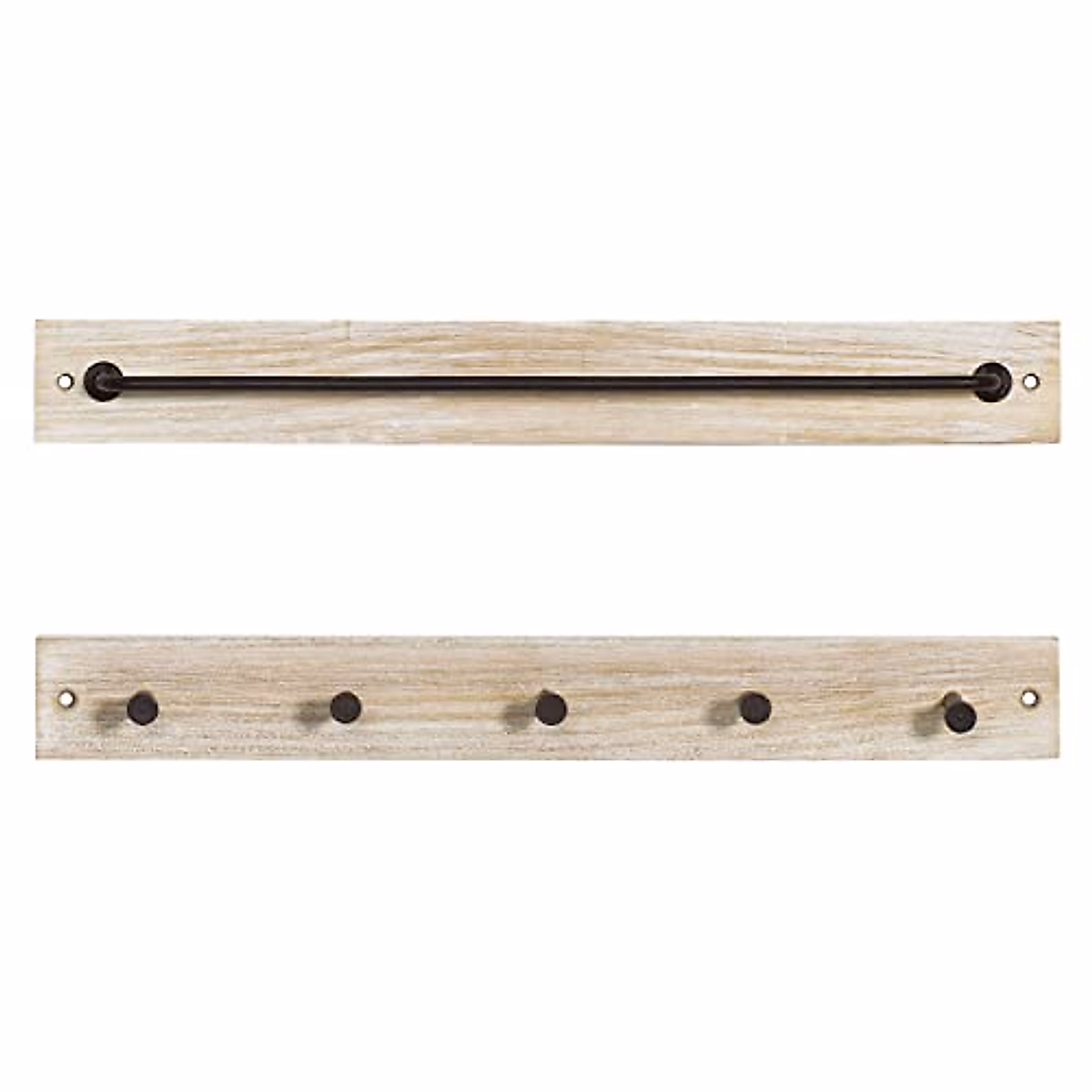 MyGift 2 Piece Set Wall Mounted Wood Sunglasses Organizer Rack and Coat Hook Wall Rack in Whitewashed Finish with Metal Hardware, Entryway Eyeglass Hanger Rail and Key Hooks