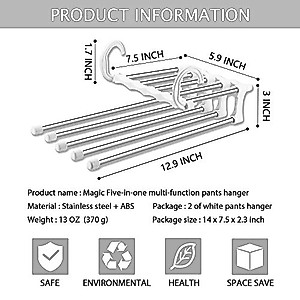 ECKOO 2 Pack Multi-Functional Pants Rack Foldable Adjustable Pants Hangers,Stainless Steel Clothes Hangers Closet Space Saving for Pants Trousers Scarf Tie Belt - White