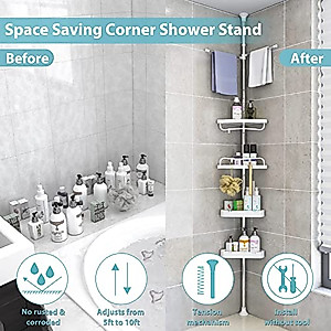 DAKEPOLE Rustproof Tension Shower Caddy, Stainless Steel Corner Stand Storage Organizer with Tension Pole for Bathroom Bathtub Shampoo Soap Plants, 4-Tier Adjustable Shelves,54 to 125 Inch