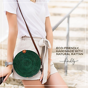 Woven beach bag - Green crossbody bag. Round rattan bags for women. Handwoven natural round rattan bag. Boho style wicker bag. Woven purse durable, trendy, natural rattan small bag.