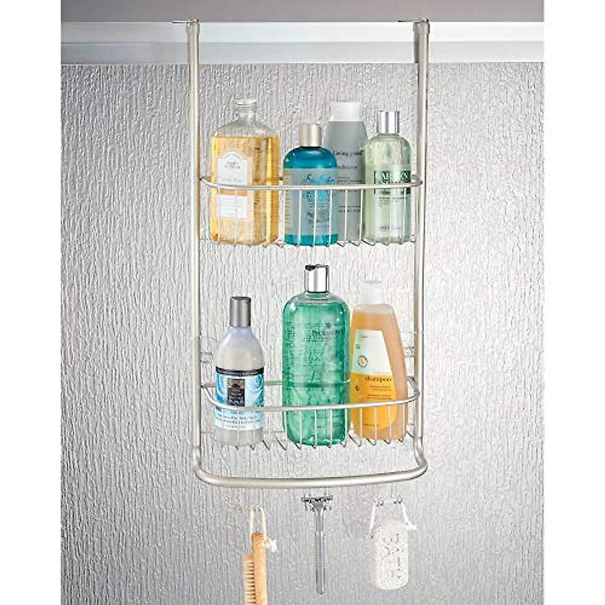 mDesign Stainless Steel Bath/Shower Over Door Caddy, Hanging Storage Organizer 2-Tier Rack with 6 Hooks and 2 Baskets - Holder for Soap, Shampoo, Loofah, Body Wash, Omni Collection, Satin