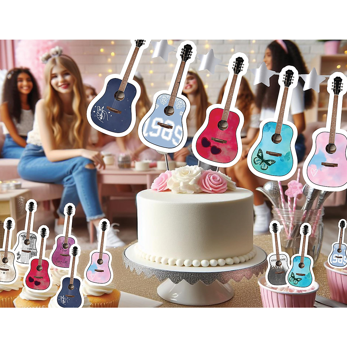 LoveUtah Tay Eras Music Tour Birthday Party Banner and Cupcake Toppers with Guitar Cutout (36 Pieces)