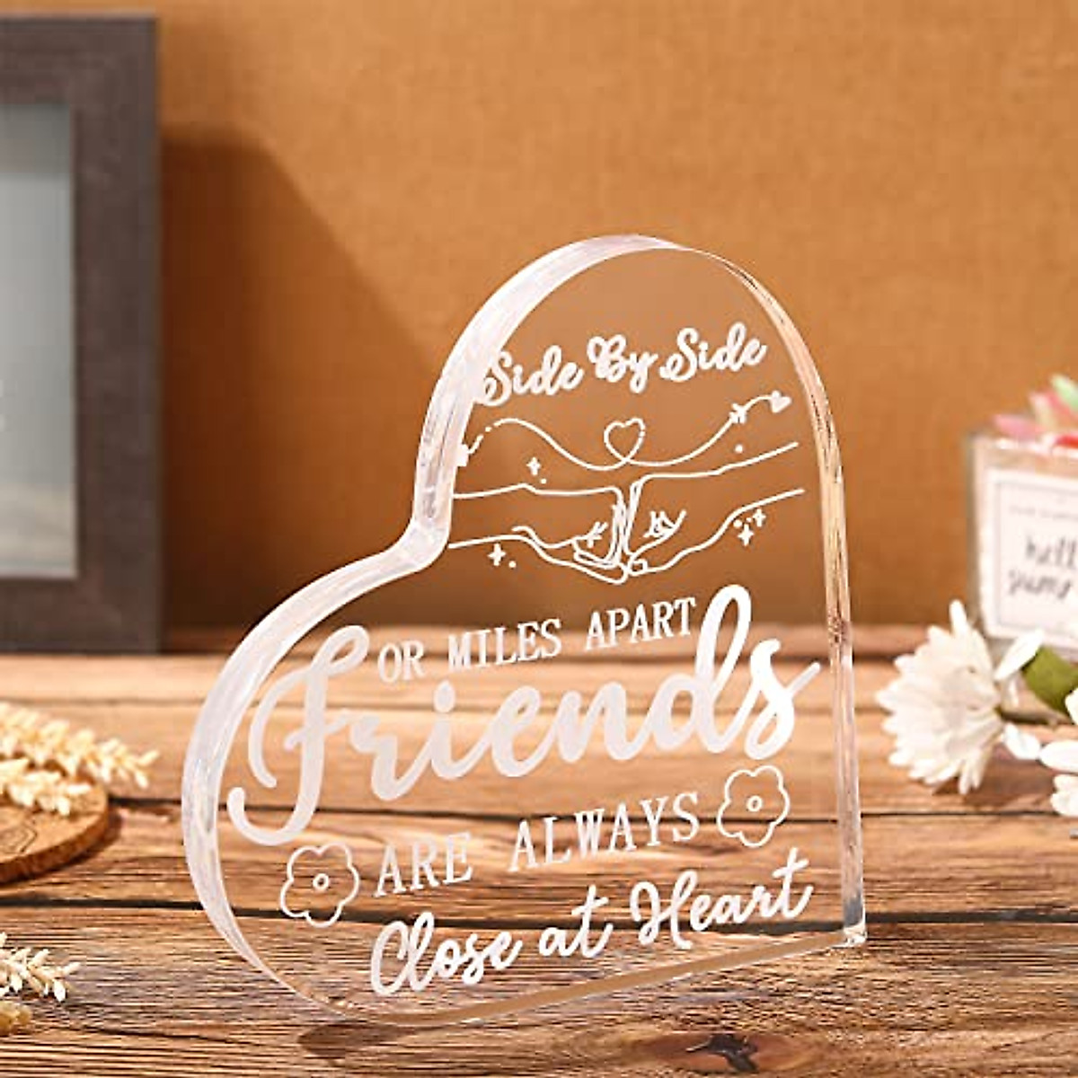 Friend Birthday Gifts for Women Keepsake Paperweight Friendship Gifts for Friends Acrylic Christmas Friends Gift with Quotes Side by Side or Miles Apart Friends Are Always Close at Heart (Flower)