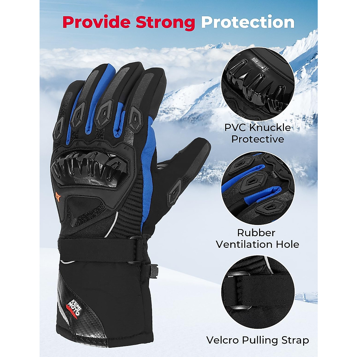 KEMIMOTO Winter Motorcycle Gloves, Rainproof Riding Gloves with Touchscreen, Motorcycle Winter Gloves for Men, Warm Motorcycle Gloves for Riding, ATV, UTV, Snowmobile - Blue, Large