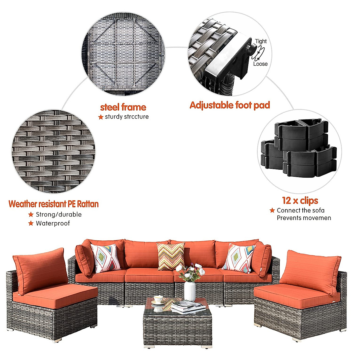 XIZZI Patio Furniture Sectional Sofa with Glass Table 7 Piece Outdoor Patio Furniture Sets All Weather Wicker Rattan Couch, Backyard Patio Conversation Sets (Orange Red)