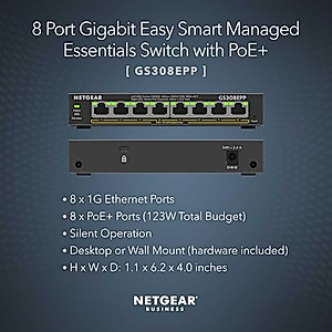NETGEAR 8 Port PoE Gigabit Ethernet Plus Switch (GS308EPP) - with 8 x PoE+ @ 123W, Desktop or Wall Mount