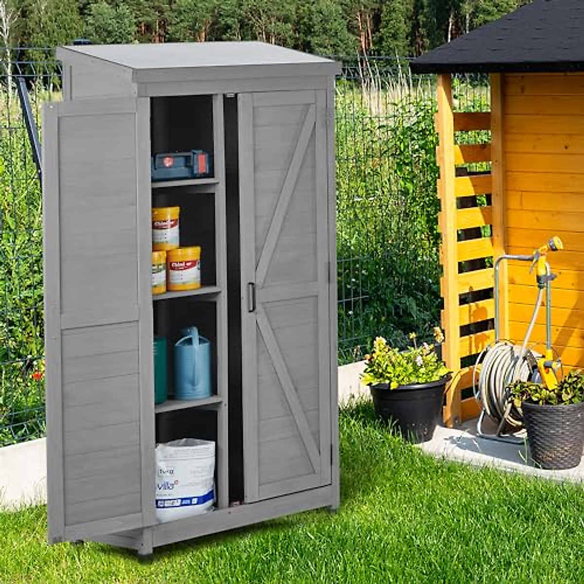 Ajikgn Outdoor Storage Cabinet and Metal Top,Garden Storage Shed,Outdoor 68 Inches Wood Tall Shed for Yard and Patio