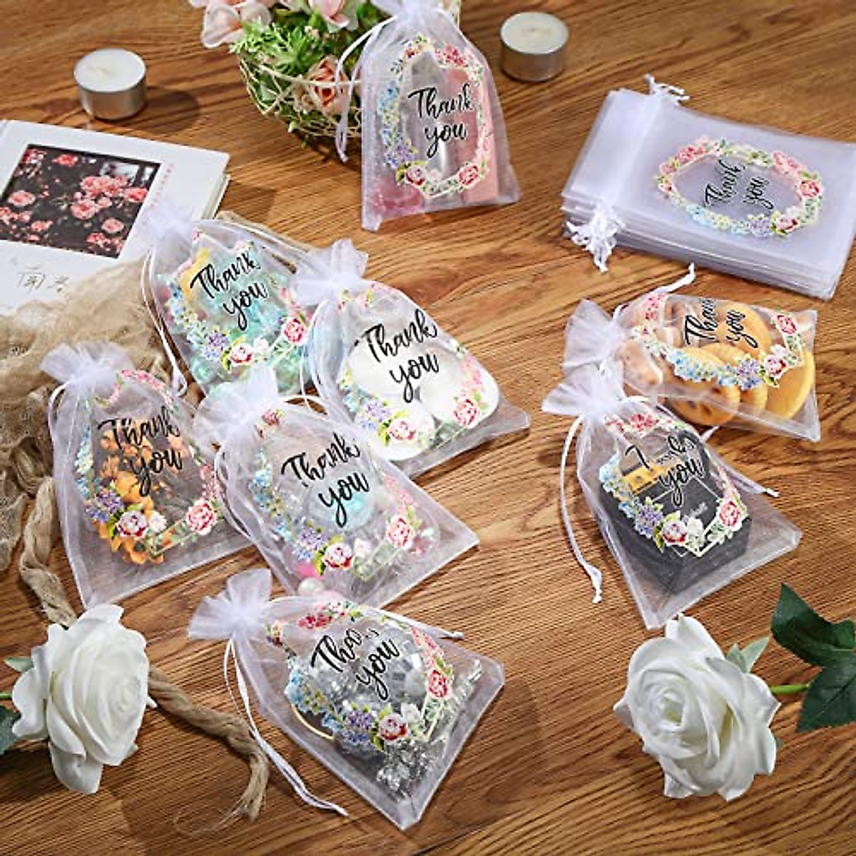 200 Pcs Thank You Bags Sheer Organza Bags 4x6 Inch Floral Design Small Thank You Gift Bags Bulk Jewelry Present Bags with Drawstring Mesh Wedding Party Favor Bags for Wedding Baby Shower Christmas