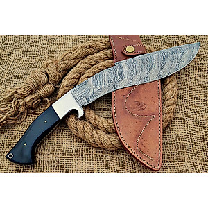 HUNTEX Handmade Hand-Forged Twist Pattern Damascus Steel 15 Inch Long Full Tang Natural Buffalo Horn Handle Razor Sharp Hunting Camping Kukri Knife w/Genuine Leather Sheath