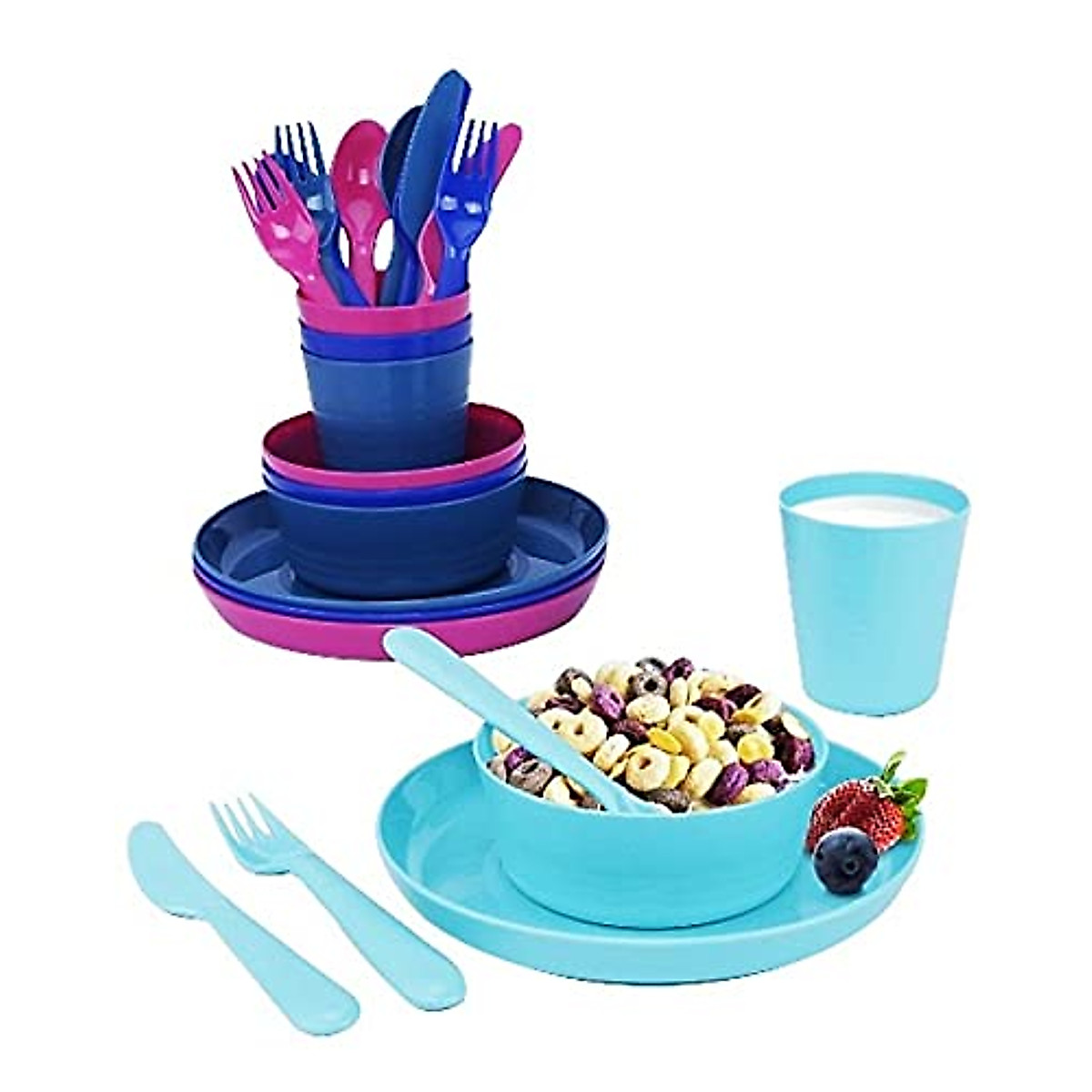 Klickpick Home Plastic Dinnerware Set Of 24 Pieces 4 colors Kids Dinnerware Set Includes, Kids Cups, Kids Plates, Kids Bowls, Flatware Set, Toddler Dishes Set are Reusable, Microwave - Dishwasher Safe